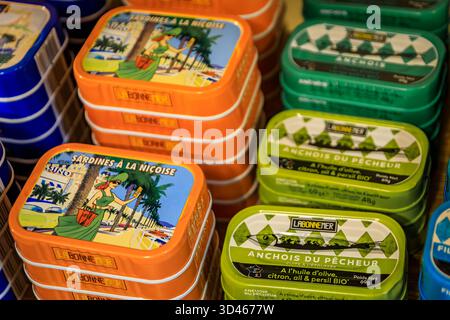 Nice, France - May 17, 2024: Locally produced canned anchovies and ...