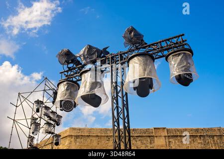 Temporary stage structure and lighting rig set up in a city square for ...
