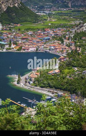Aerial view of the small village of Nago-Torbole view from the mountain ...