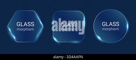 Transparent glassmorphism frame set on a dark black background ...