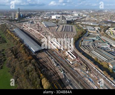 Aerial view of the HS2 Old Oak Common railway station construction site ...