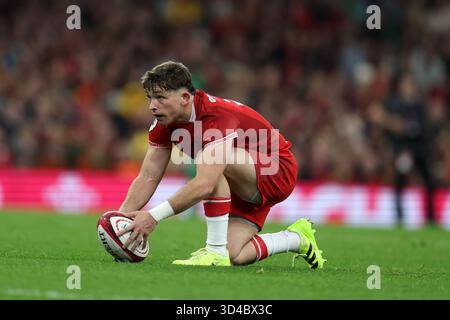 Dan Edwards of Wales kicks a conversion during the Quilter Nations Series 2025 match Wales vs ...