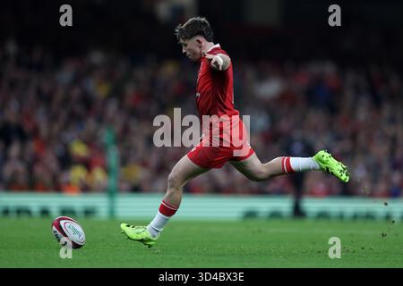 Dan Edwards of Wales kicks a conversion during the Quilter Nations Series 2025 match Wales vs ...