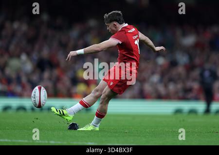 Dan Edwards of Wales kicks a conversion during the Quilter Nations Series 2025 match Wales vs ...