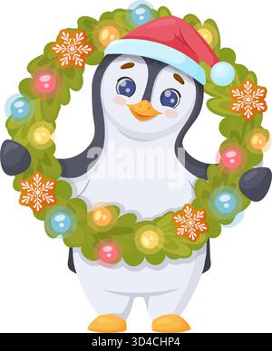 merry christmas wreath cute santa claus and holly berry vector ...