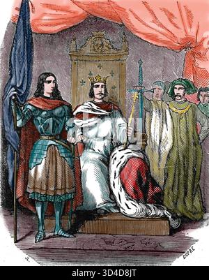 King Charles VII holding a banner with his coat of arms on a stained ...