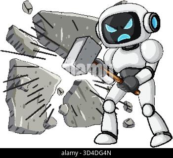 Cartoon robot breaks wall using sledgehammer, bold lines, white ...