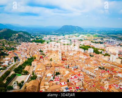 Aerial view of medieval fortress Xativa Castle at sunny day, Valencia ...