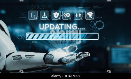 A sleek robotic arm is shown displaying a progress bar for a software ...