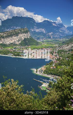 Aerial view of the small village of Nago-Torbole view from the mountain ...