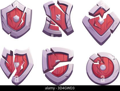 Game damaged shields. Cartoon fantasy military armor cracked and broken ...