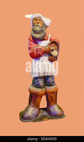 Baker man wearing a red apron standing in a wheat field and holding ...