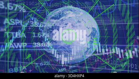Rotating central digital globe showing candlestick charts and binary ...