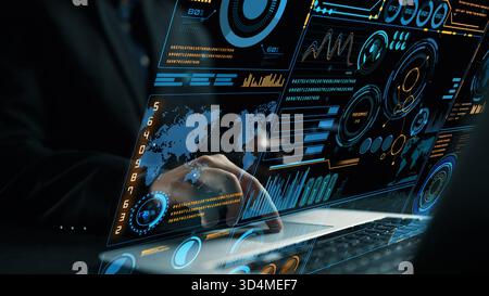 A professional working with advanced digital interfaces that showcase ...