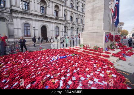 11 November 2025. Remembrance poppy wreaths at the Whitehall Cenotaph ...