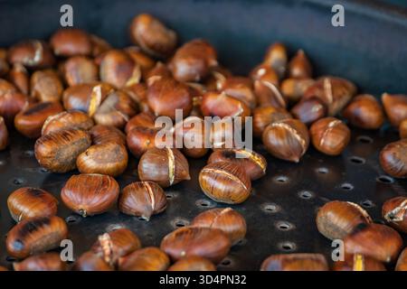 Traditional roasted chestnuts cook in a hot pan at a Christmas market ...