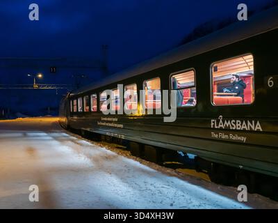 Night winter view of Myrdal railway station, the upper station of the ...