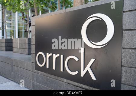Close-up of Orrick logo on pillar outside The Orrick Building with ...