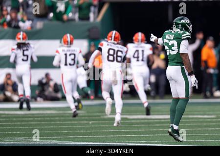 New York Jets linebacker Mykal Walker (53) leaves the field during an ...