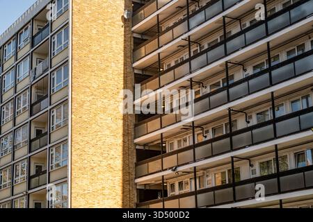 Council housing tower block with balconies, South London Stock Photo ...