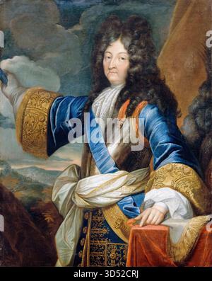 Louis XIV, King of France, in armor with a long curly wig and a laurel ...