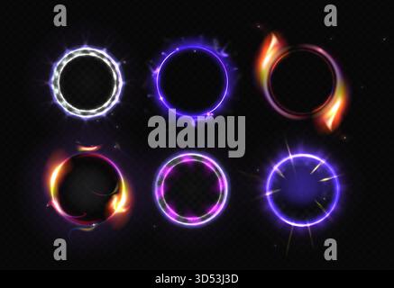 Neon halo circles set isolated on black background. Vector realistic ...