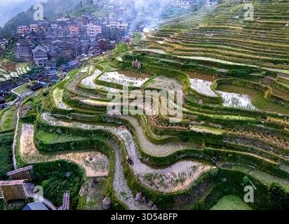 An aerial view of the Jiabang rice terraces in Congjiang County ...