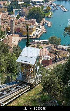 Riva del Garda, Italy, a passenger ferry moored in the old harbor in ...
