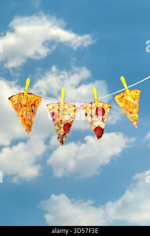 Pizza slices in air on white background Stock Photo - Alamy
