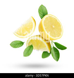 Fresh lemons and green leaves falling on white background Stock Photo ...