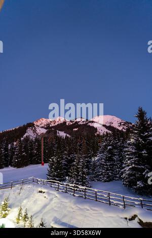 A vertical shot of the snow-capped mountains and spruce forests on a ...