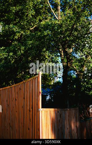Nice wooden fence around house. Wooden fence with green lawn and trees ...