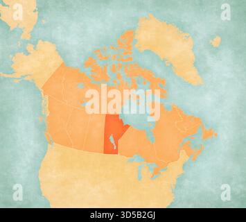 Grunge map of the province of Manitoba (Canada) printed on an old paper ...