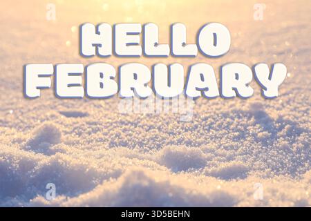 Hello February winter time card with snowy forest Stock Photo - Alamy
