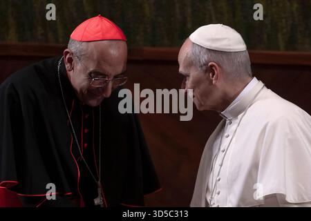 Pope Leo XIV greets cardinal Daniel DiNardo during his weekly general ...