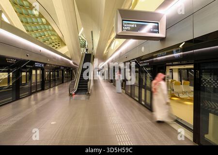 Inside view of KAFD Metro Station in Riyadh, Saudi Arabia, showing ...