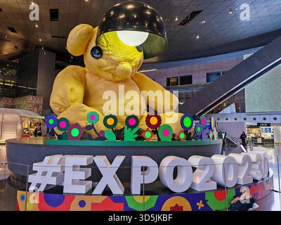 April 2023 Doha Qatar Giant yellow teddy bear with lamp at Hamad ...