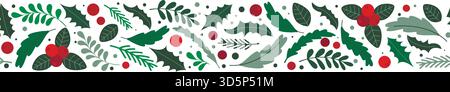 Christmas Mistletoe Foliage and Berries Vector Seamless Horizontal ...