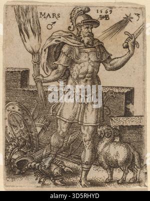 This artwork depicts Mars, the Roman god of war, seated with a flame ...