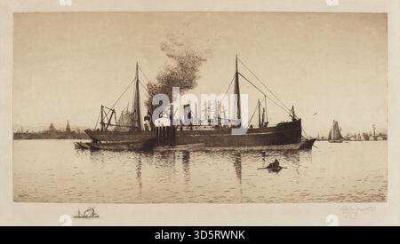This artwork depicts a steamship in Boston Harbor, created by Rominer ...