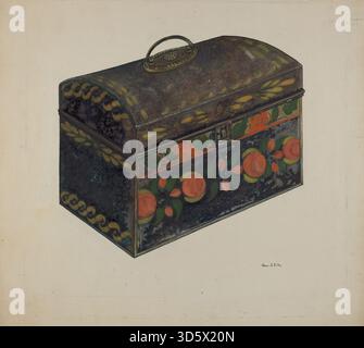 This circa 1938 tin oblong box by George File is a metal container for ...