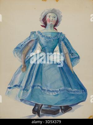 A doll created by Mina Lowry around 1936, made of cloth with painted ...