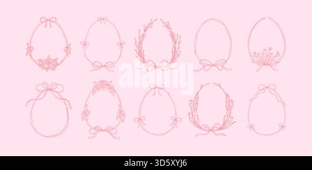Set of springflower hand drawn doodle Easter egg frames. Whimsical bow ...