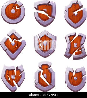 Game damaged shields. Cartoon fantasy military armor cracked and broken ...