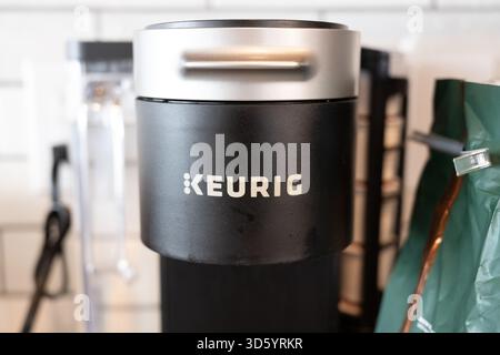 Close-up of logo on Keurig brand coffee maker, Mendocino, California ...