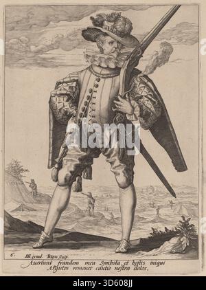 Musketeer, 1587, by Jacques de Gheyn II after Hendrik Goltzius, depicts ...