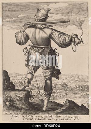 Musketeer, 1587, by Jacques de Gheyn II after Hendrik Goltzius, depicts ...