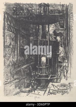 A 1917 print by Joseph Pennell depicting submarines in a dry dock ...