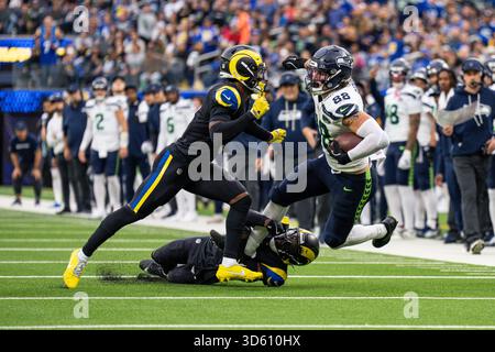 Seattle Seahawks tight end AJ Barner (88) runs down the field during an ...