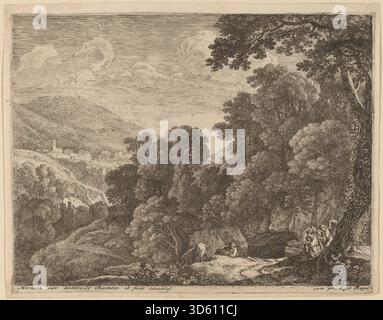 The Cave, painted by Herman van Swanevelt, depicts a rocky cave set ...
